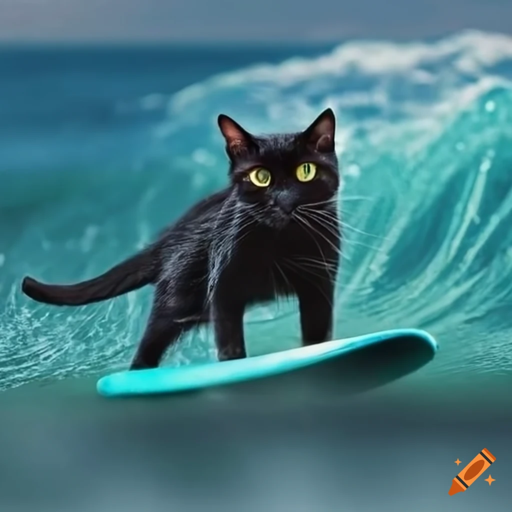 Black cat surfing on waves on Craiyon