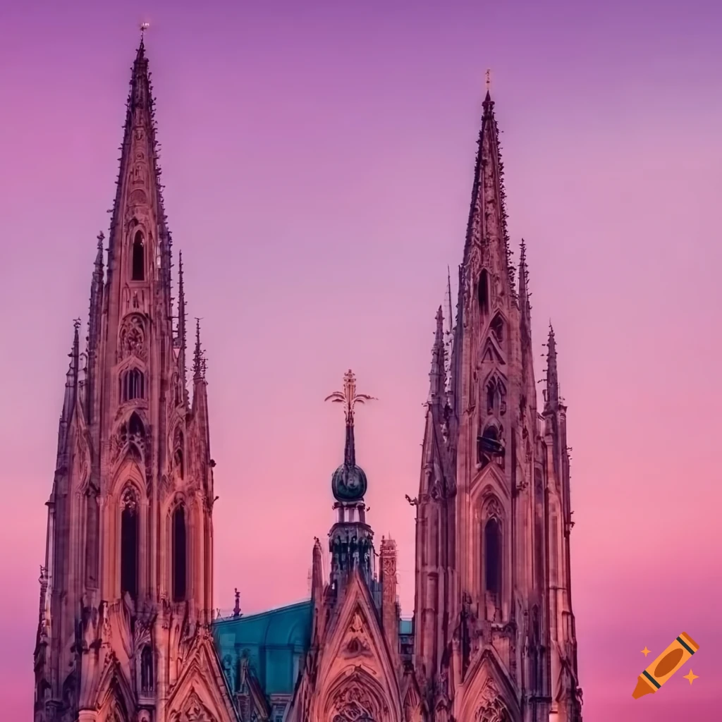Pink sunset behind a gothic cathedral in a european city on Craiyon
