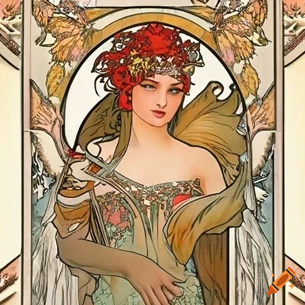 Woman with white hair in mucha art style on Craiyon