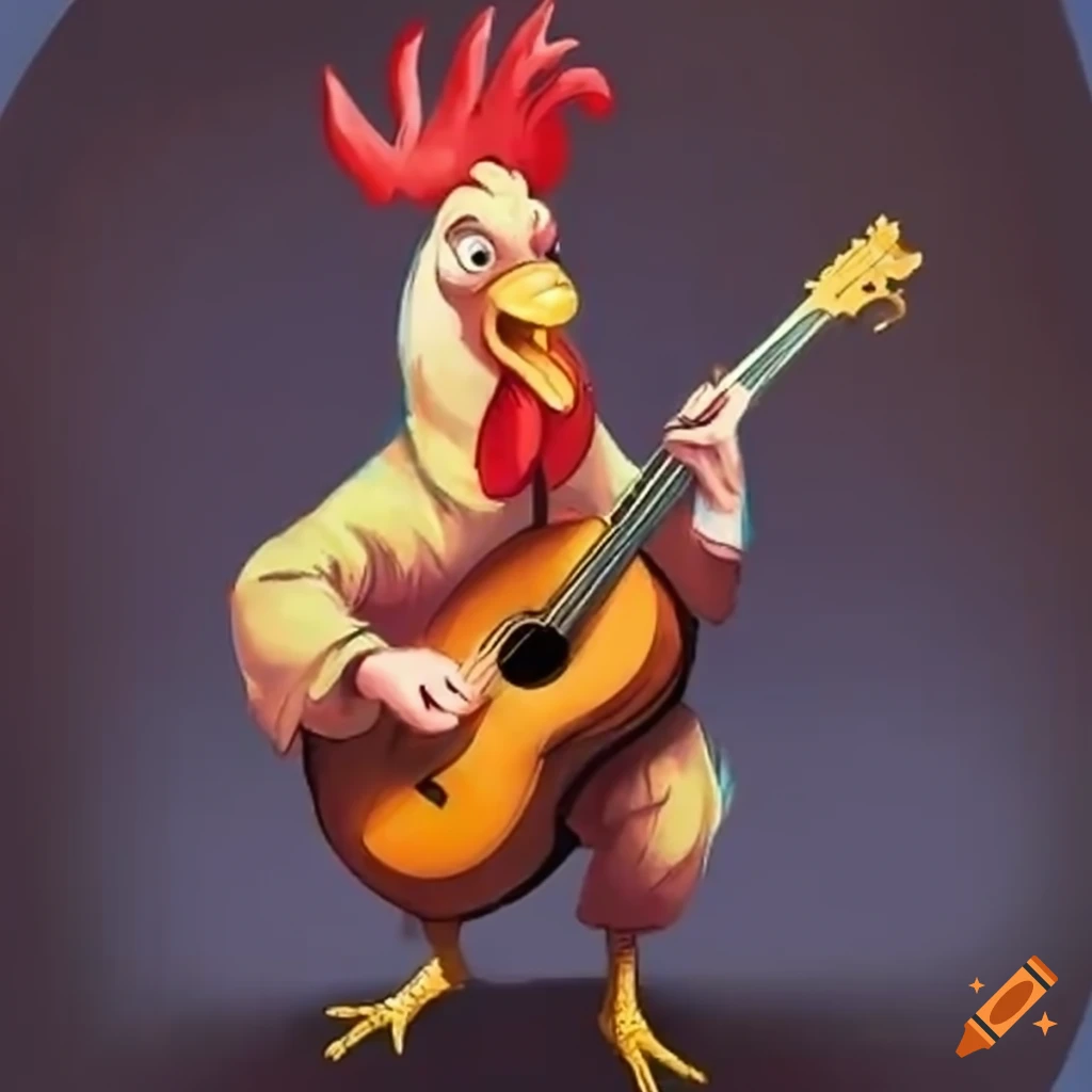 Cartoon brown rooster playing the guitar on Craiyon