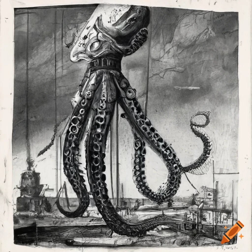 Illustration of a giant armored octopus guarding an alien city on Craiyon