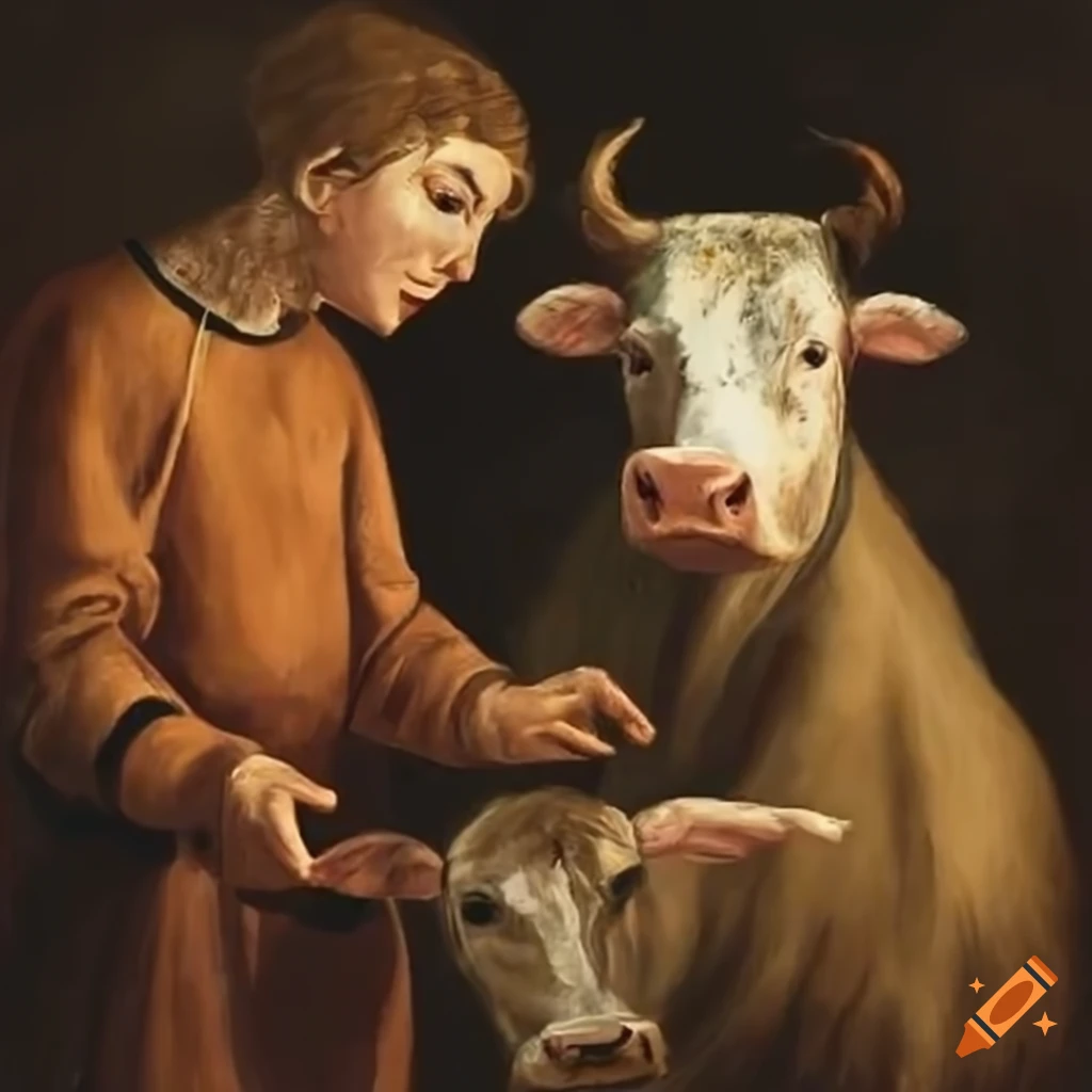 Medieval painting of farmboys pointing at a cow on Craiyon