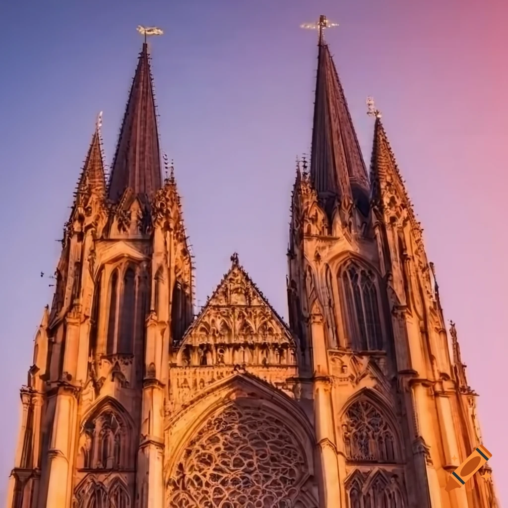 Pink sunset behind a gothic cathedral in a european city on Craiyon