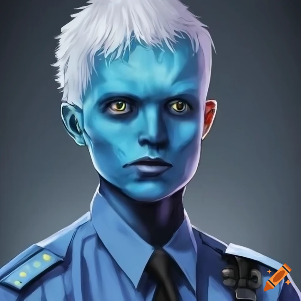 Blue-skinned alien man in police uniform on Craiyon