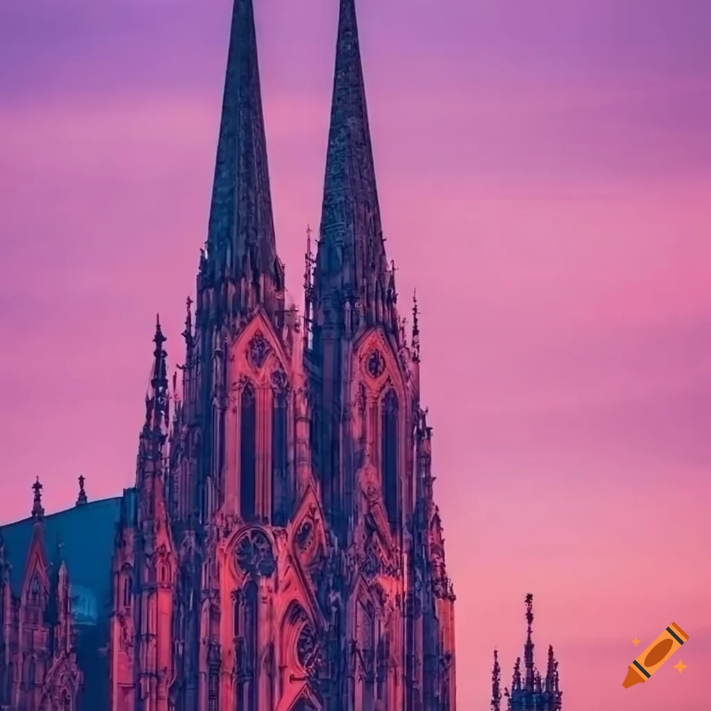 Pink sunset behind a gothic cathedral in a european city on Craiyon
