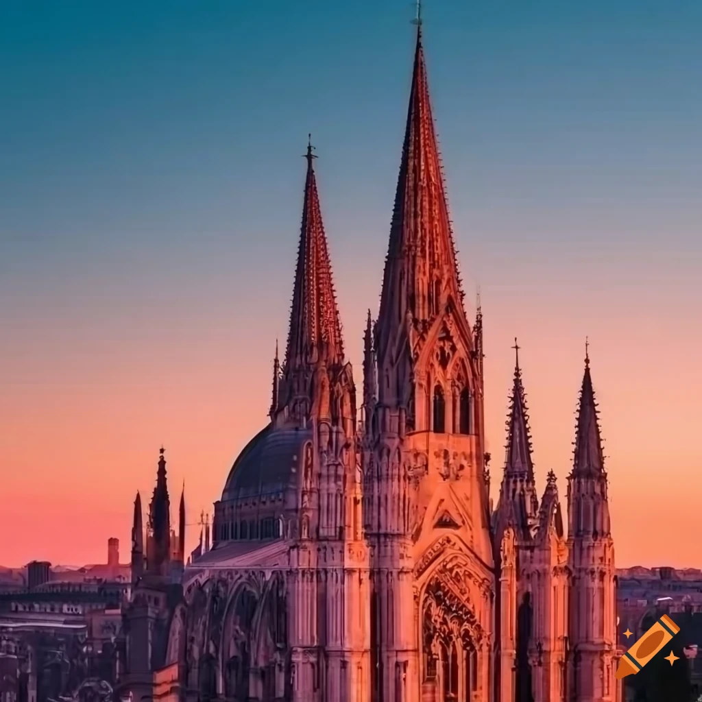 Sunset view of a gothic cathedral in a european city