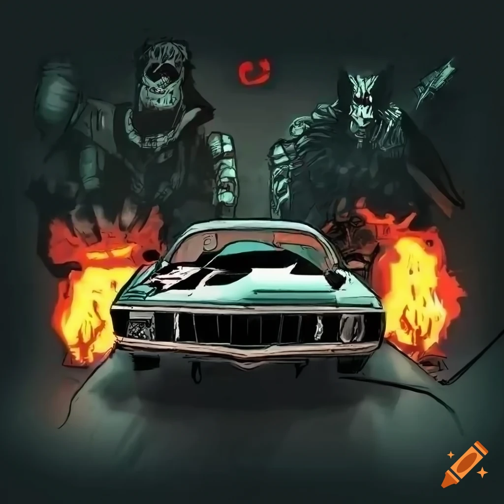 Comic book illustration of a ghostly Plymouth Cuda drag racing through ...