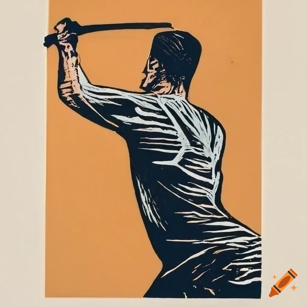 Dynamic sports scene in lino print style