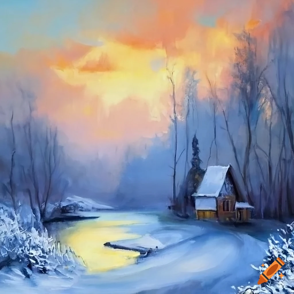 Winter landscape oil painting