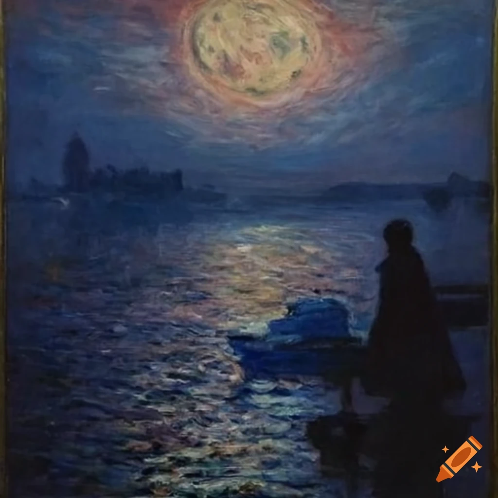 Painting by Claude Monet of two lovers on the moon on Craiyon