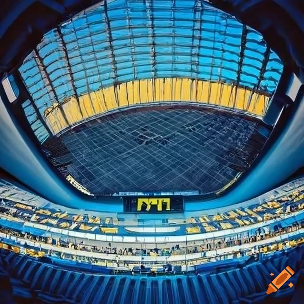 Futuristic michigan football stadium with maize and blue seats on Craiyon
