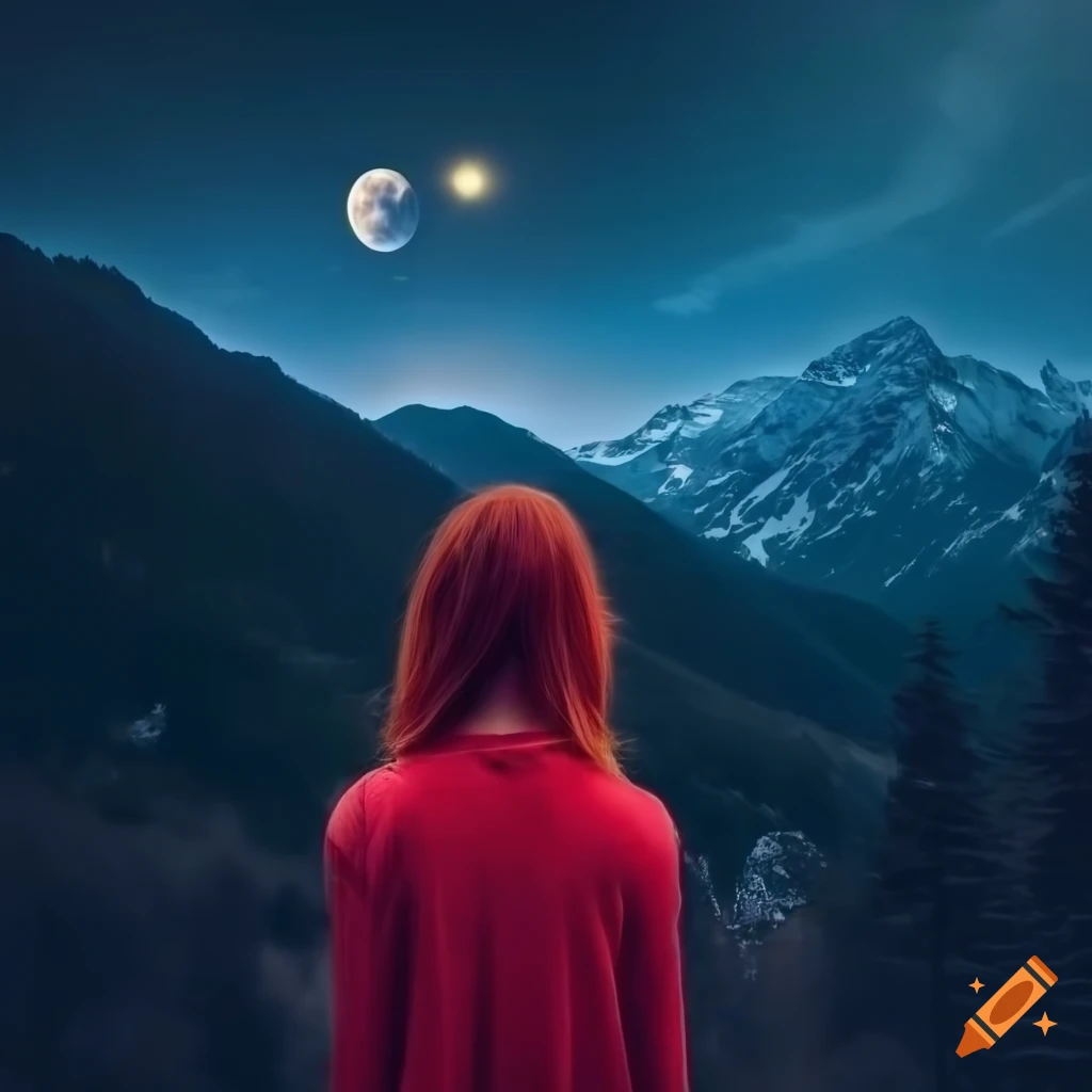 Red-haired woman enjoying snowy mountain landscape