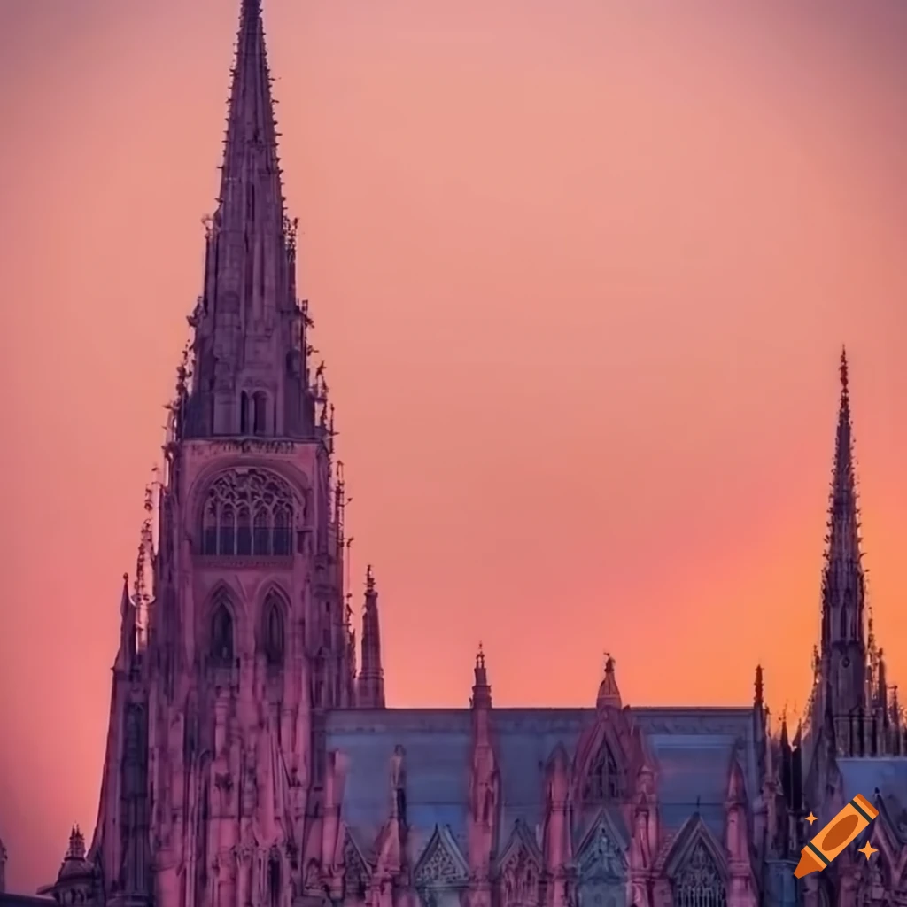 Sunset view of a gothic cathedral in a european city