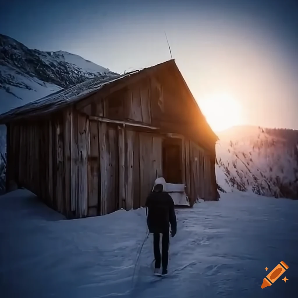 Snowy mountain shack with sunlight
