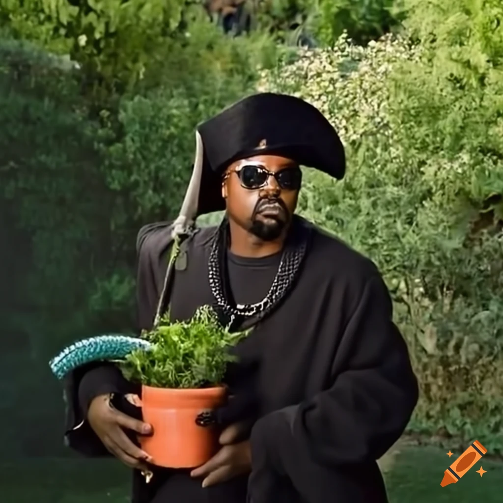 Kanye West wearing a pirate hat while watering plants on Craiyon