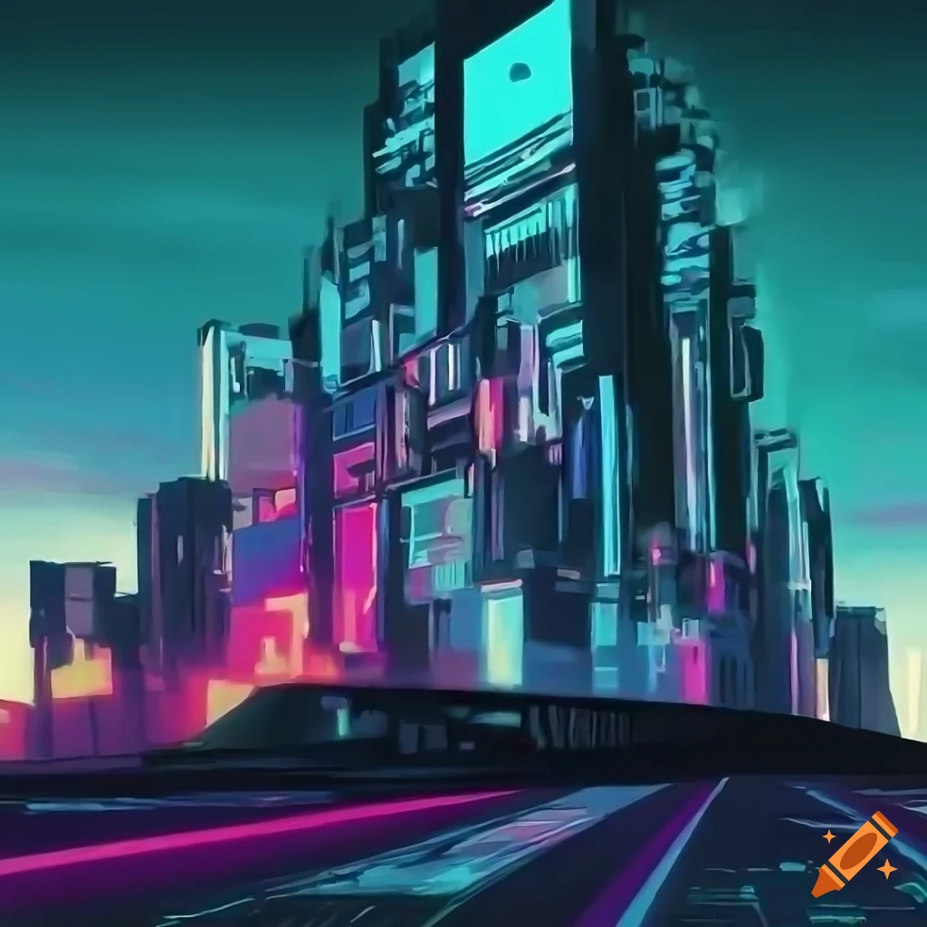 Sleek, futuristic cyberpunk cityscape with towering brutalist buildings ...
