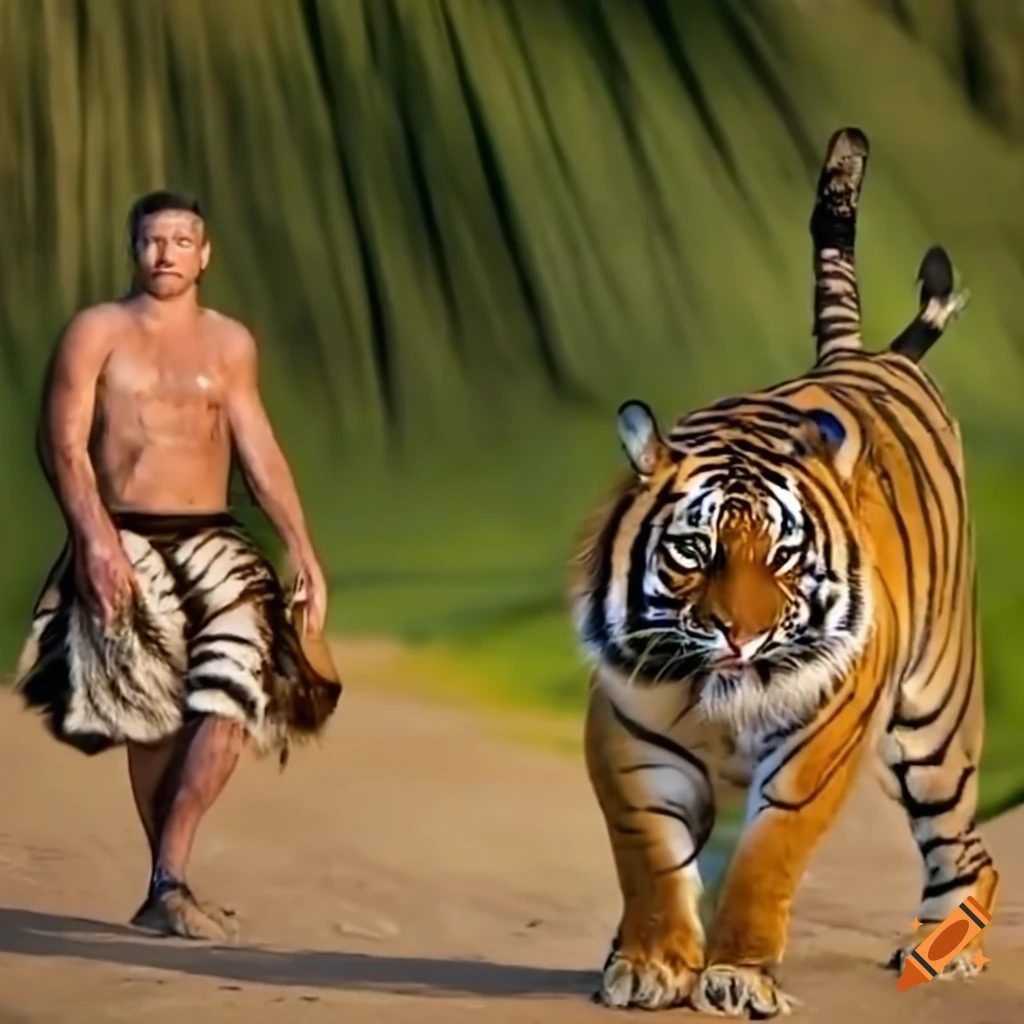 Man walking alongside a tiger on Craiyon