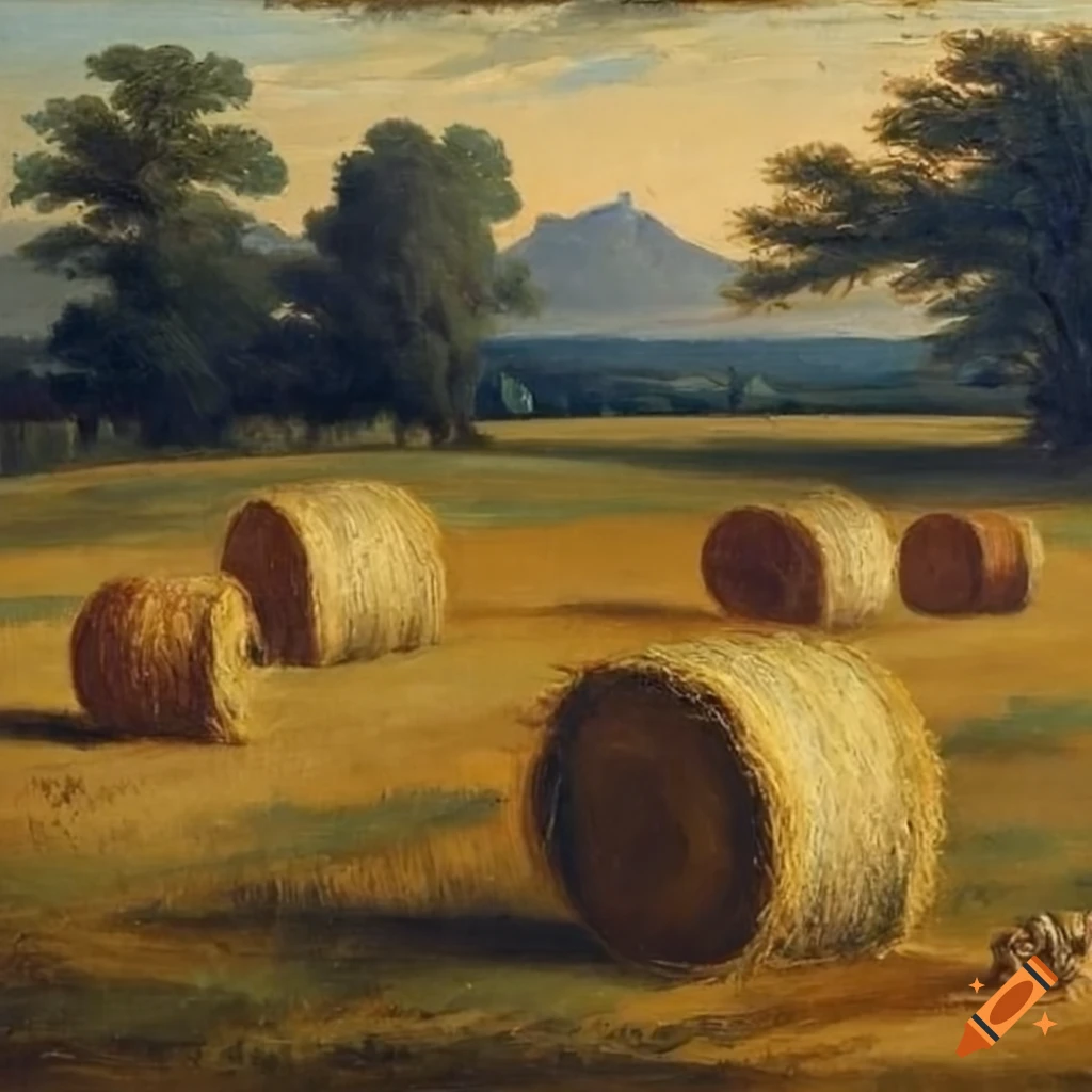 Oil painting of a field with hay bales and a horse on Craiyon