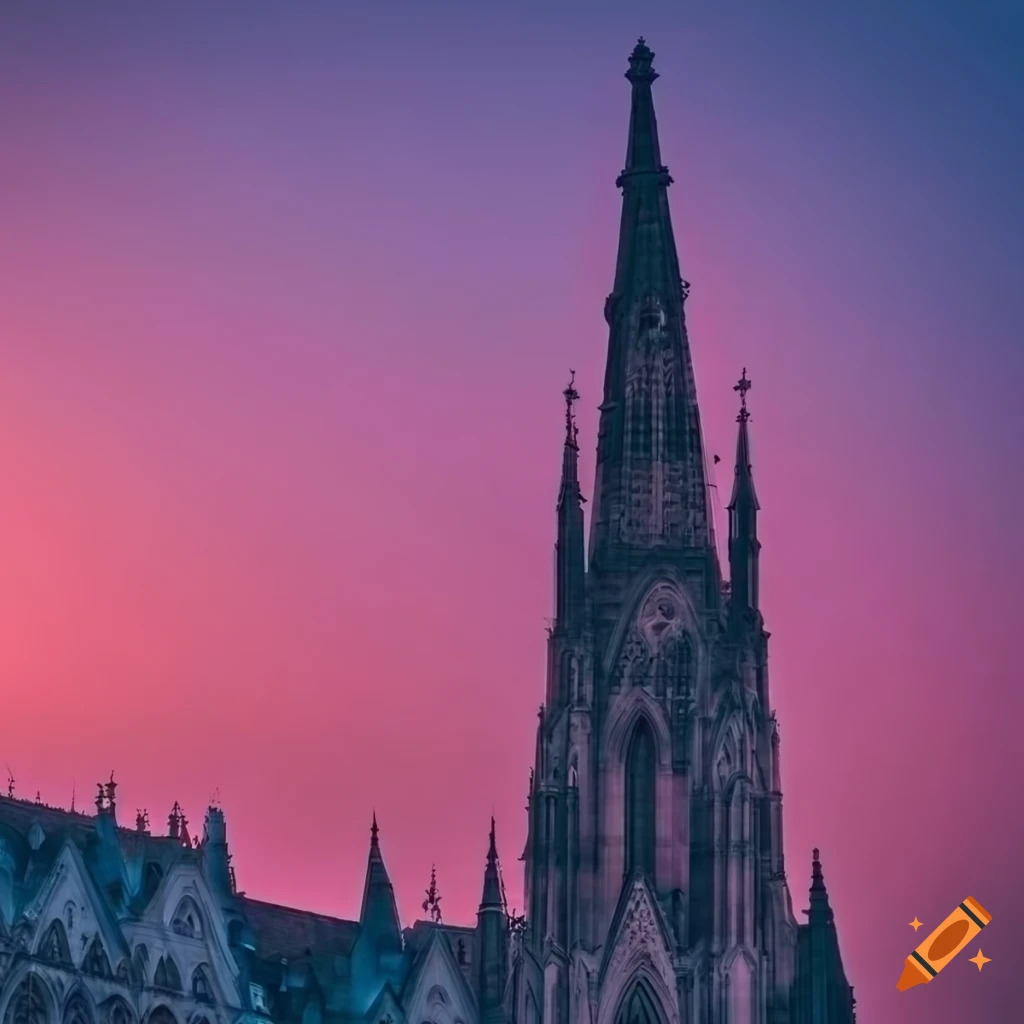 Sunset view of a gothic cathedral in a European city on Craiyon