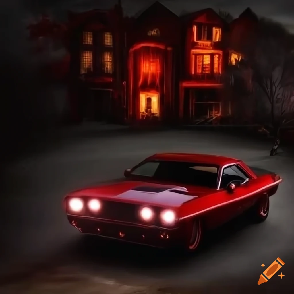 Cartoon scene of a racing hemi cuda in a haunted forest on Craiyon