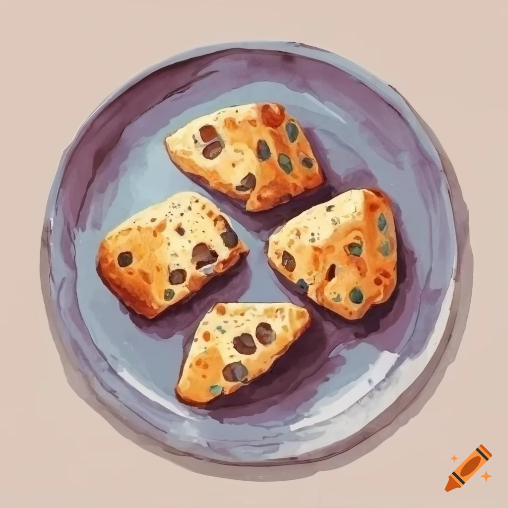 Watercolor drawing of cheese scones on a vintage plate on Craiyon