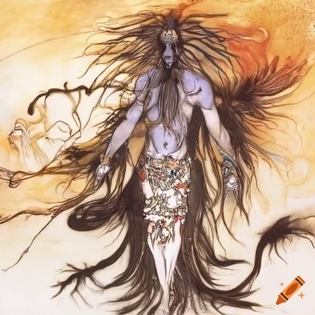 Yoshitaka Amano style art of a Full-Body Earth God on Craiyon