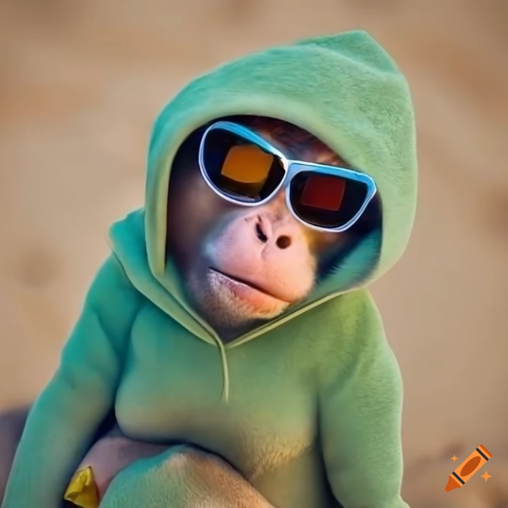 Monkey in a hoodie and sunglasses on the beach