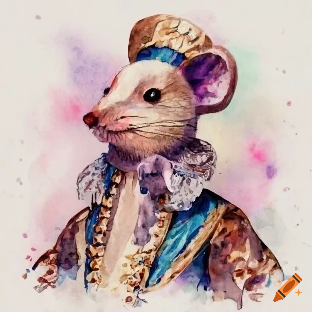 Watercolor mouse in a baroque dress