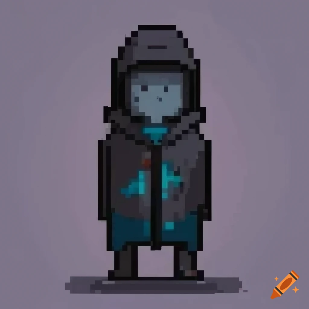 Pixel art of a dark street person in a cloak on Craiyon