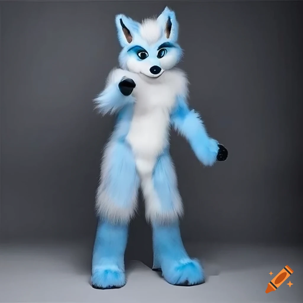 Realistic arctic fox fursuit standing in a bedroom