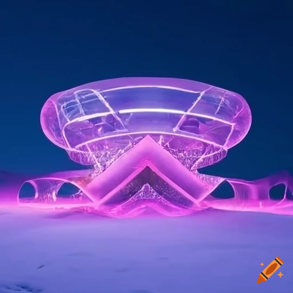 Sculptural clear canopies and neon light sculptures in a snowy field on ...