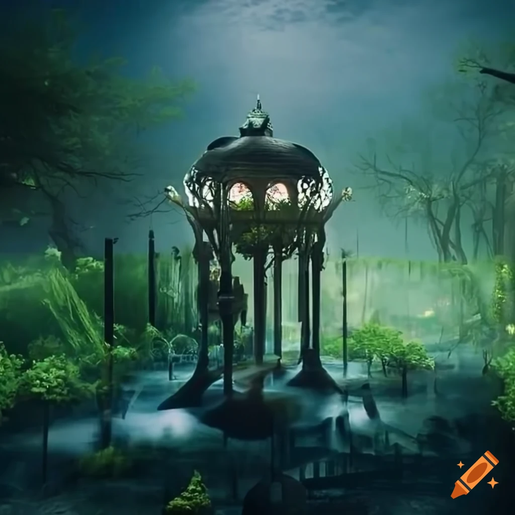 A mystic cathedral filled with crystals, pond, lush vegetation, portal ...