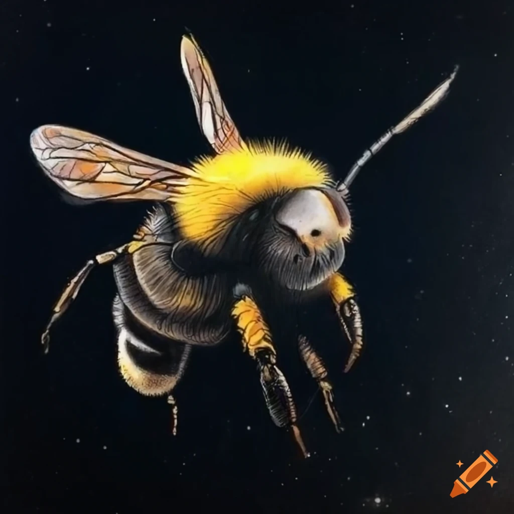 Colored pencil drawing of a bumble bee in space on Craiyon