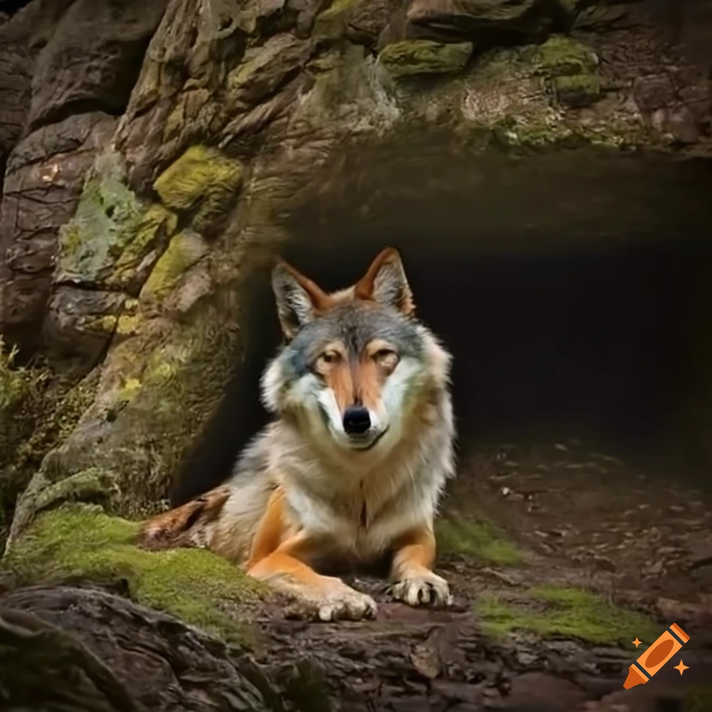 Peaceful wolf resting near its den