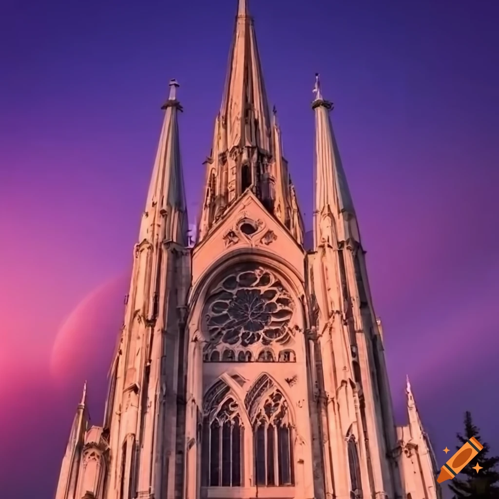 Pink sunset over a gothic cathedral in a european city