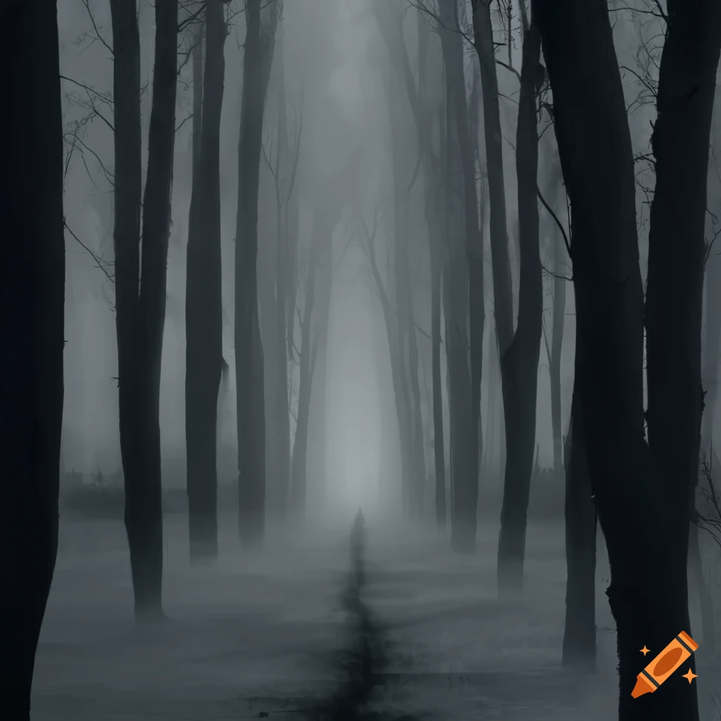 Mysterious white birch forest with a shadowy figure on Craiyon