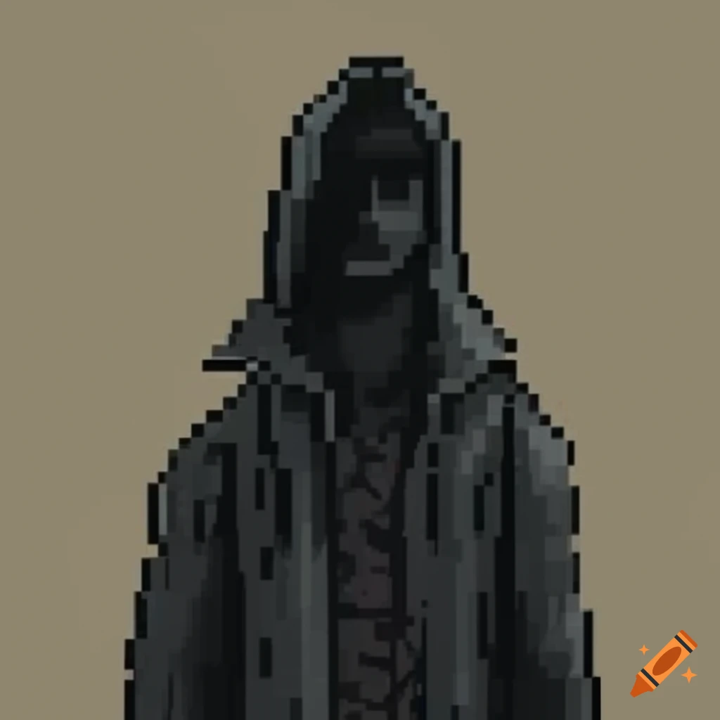 Pixel art of a person in scrappy cloak on a neutral background on Craiyon