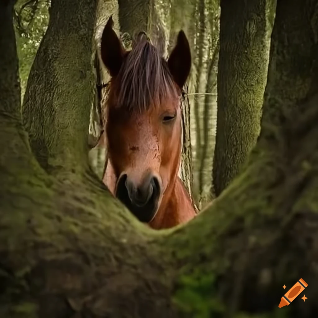 Horse hiding in a tree nest on Craiyon