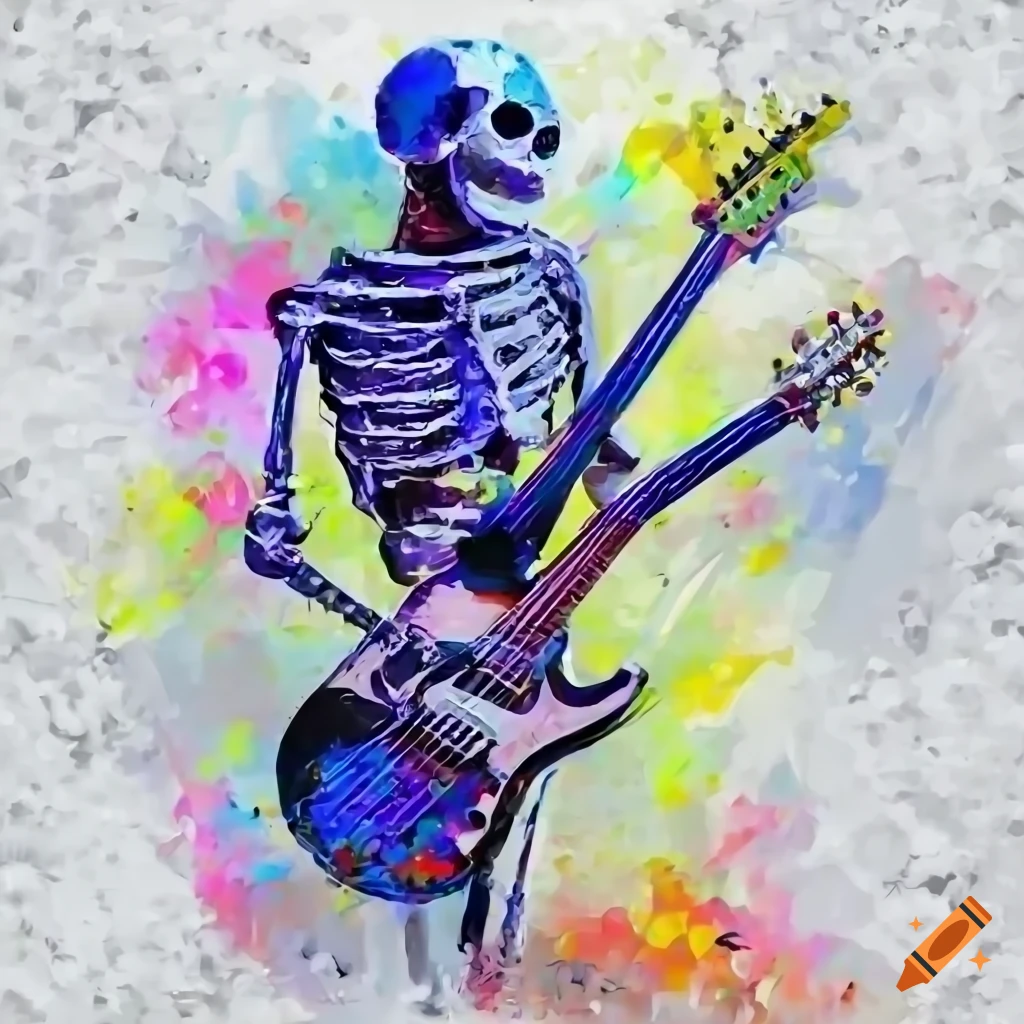 Artistic depiction of a punk skeleton playing electric guitar in a ...