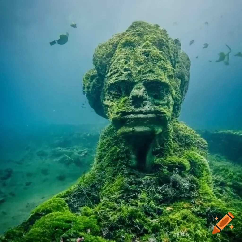 Sinister underwater statue covered in moss