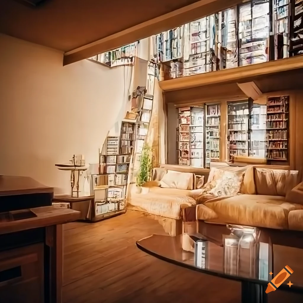 Low angle view of a room with high window and table on Craiyon