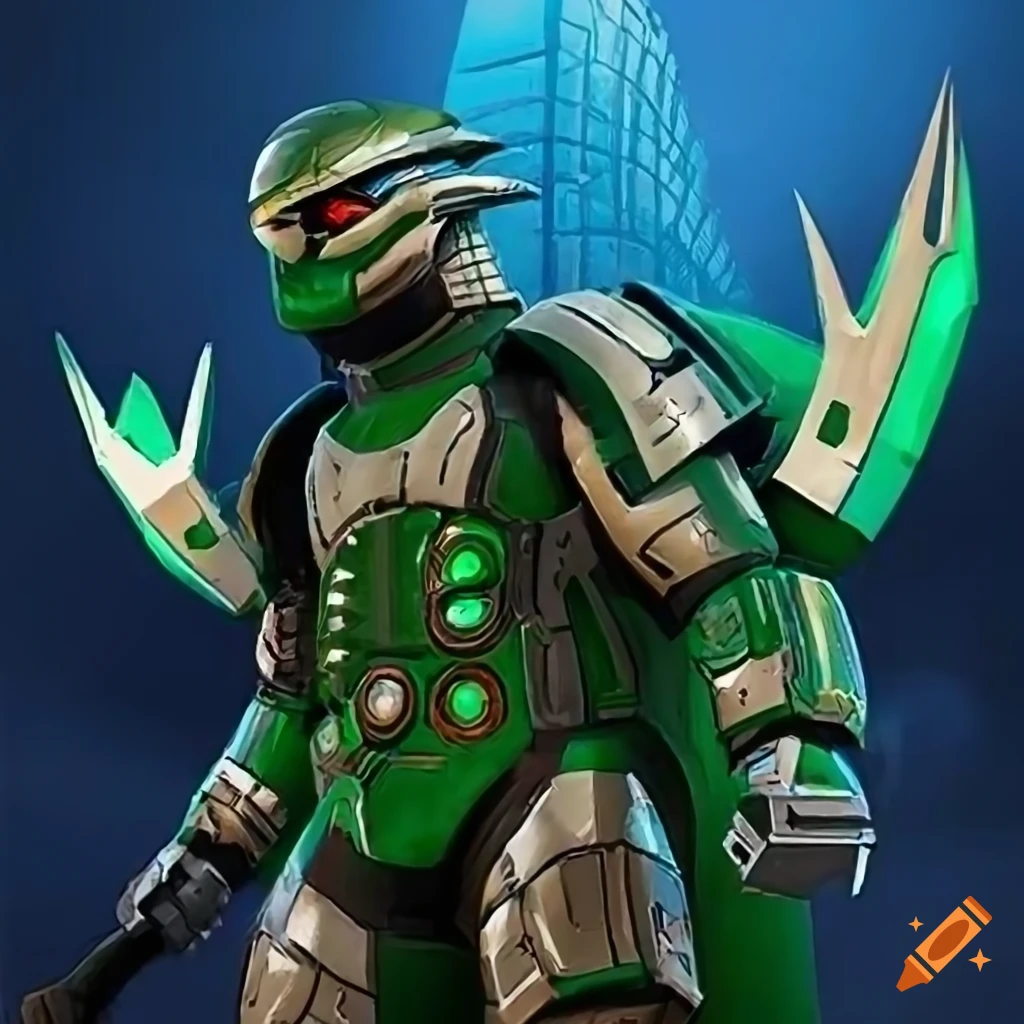 Illustration of a futuristic cyborg turtle with emerald armor on Craiyon