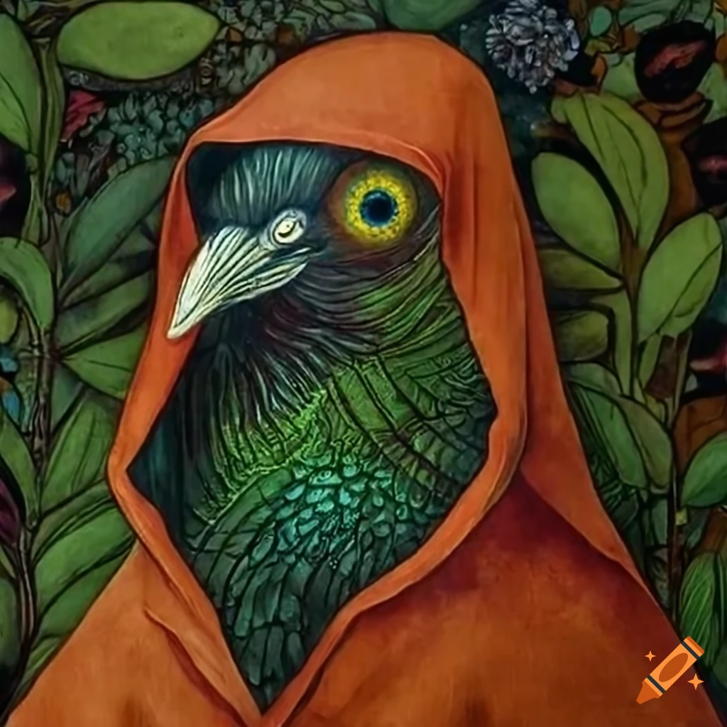 Illustration of a Raven wearing a colorful hooded cloak in a forest ...