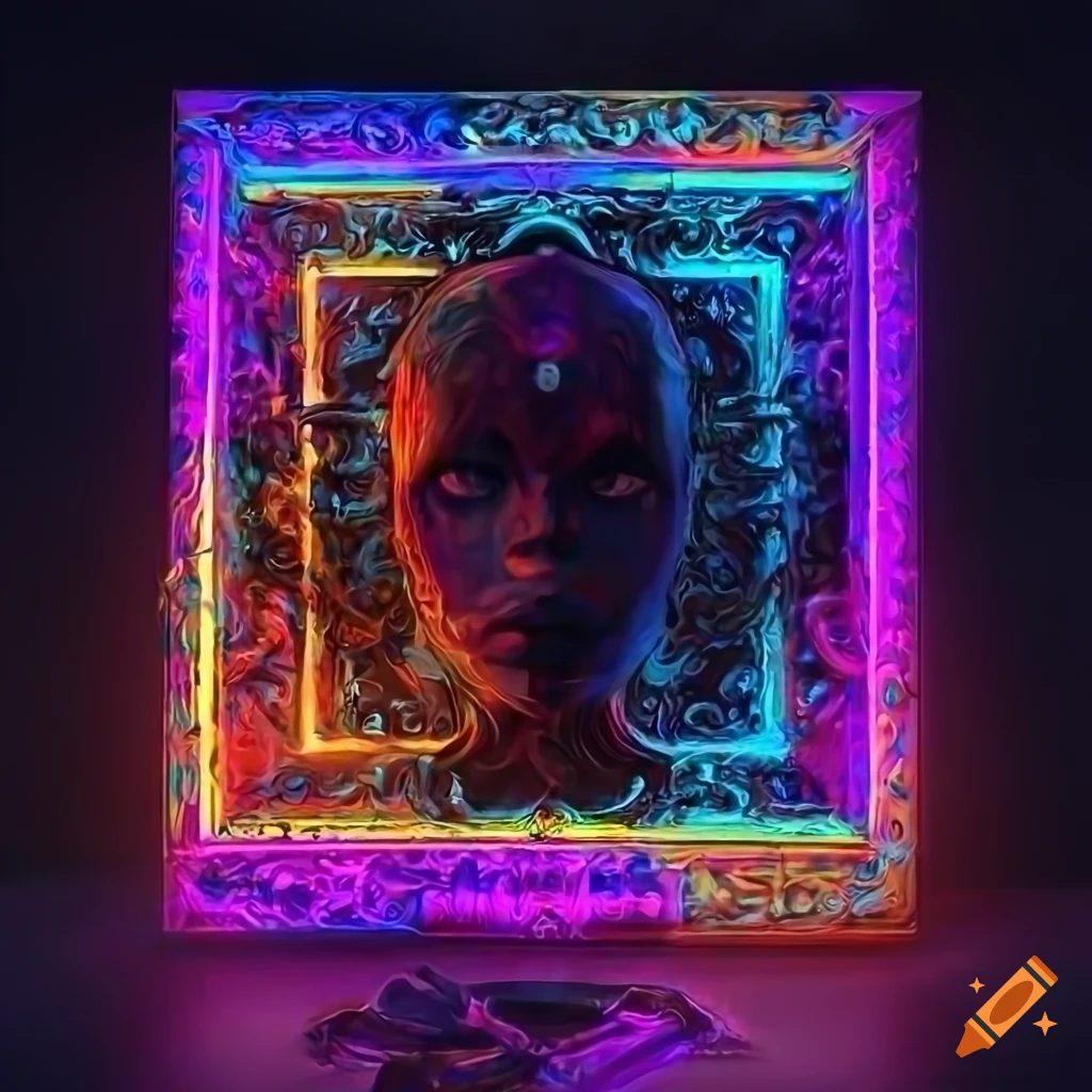 Neon cyberpunk digital illustration in ornate wooden frame on Craiyon