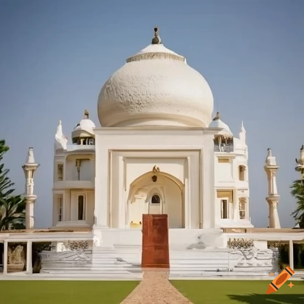 Frontal view of mahal white house in mediterranean architectural style on Craiyon