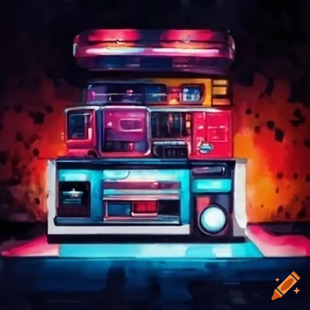 Close-up of a retro 1990s chillwave home appliances store interior scene