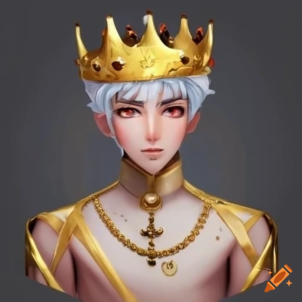 Illustration of a regal prince with white spiky hair and a golden crown