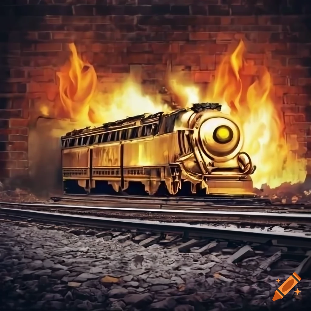 Surreal image of a golden locomotive crashing through a burning brick ...
