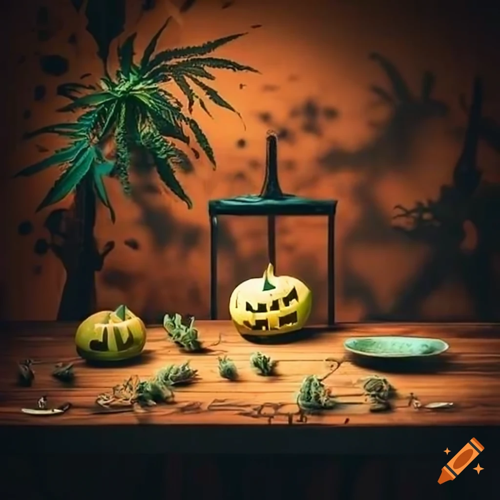 Cannabis and Halloween-themed props on a table on Craiyon