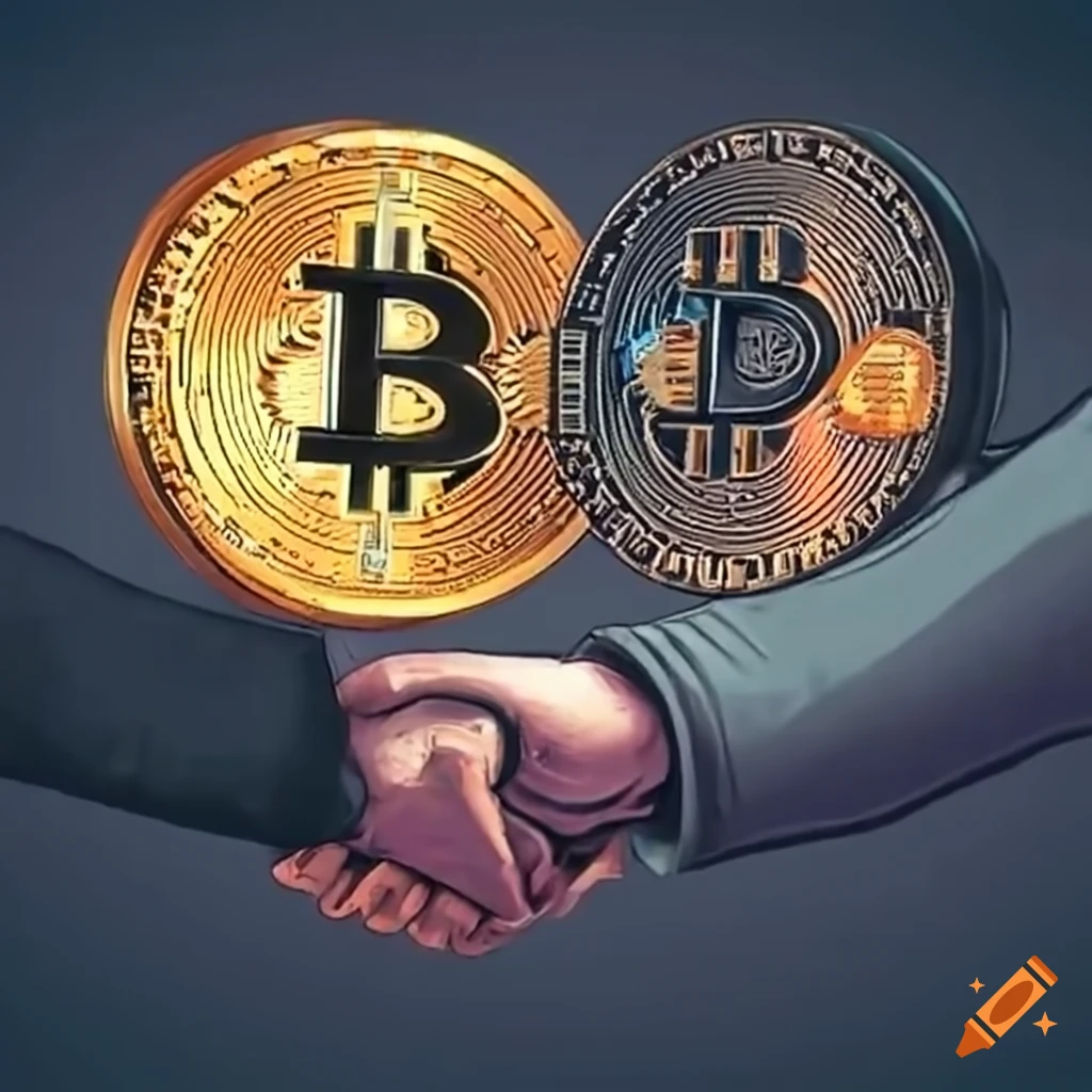 Bitcoin and xrp tokens shaking hands on Craiyon